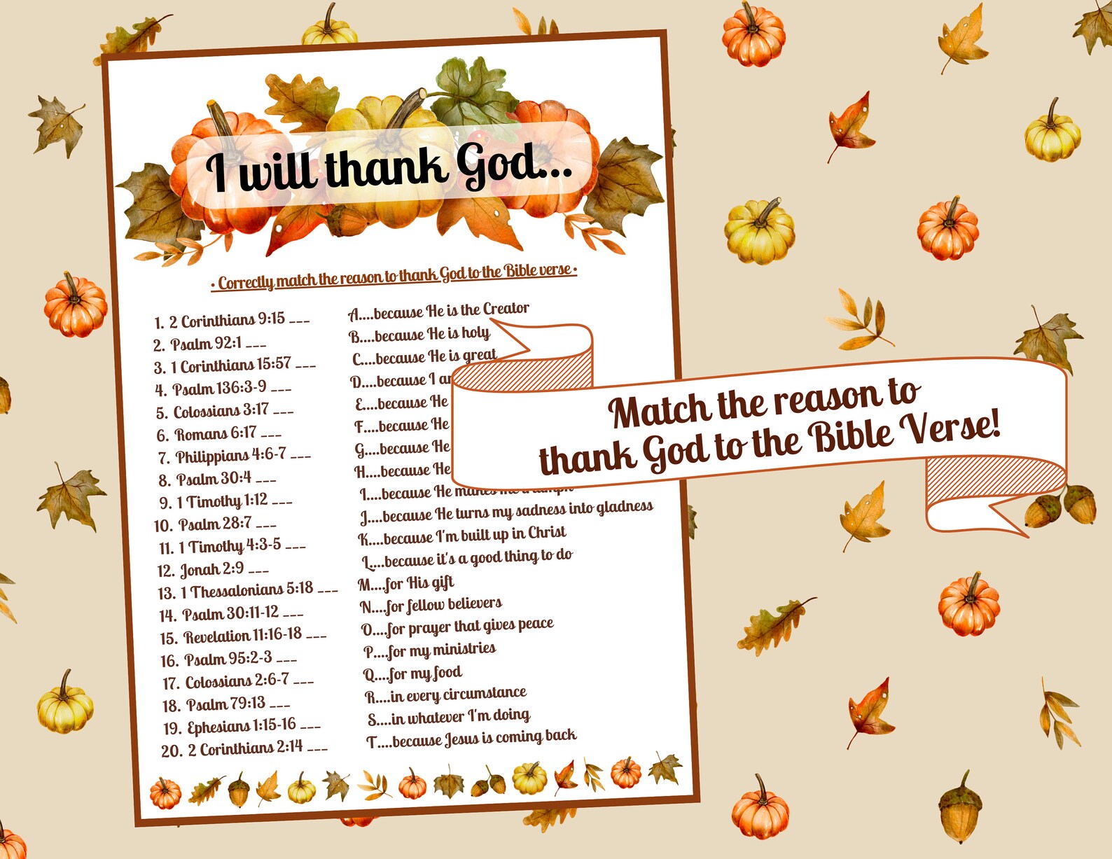 Give Thanks Bible Match Game Thanksgiving Bible Match - Etsy