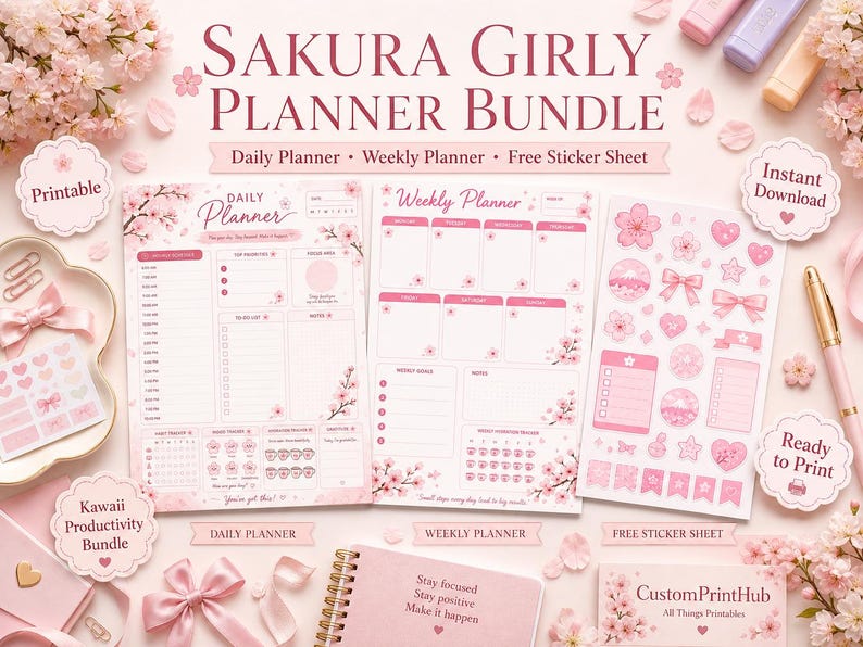Sakura Girly Planner Bundle | Pink Cherry Blossom Daily, Weekly ...