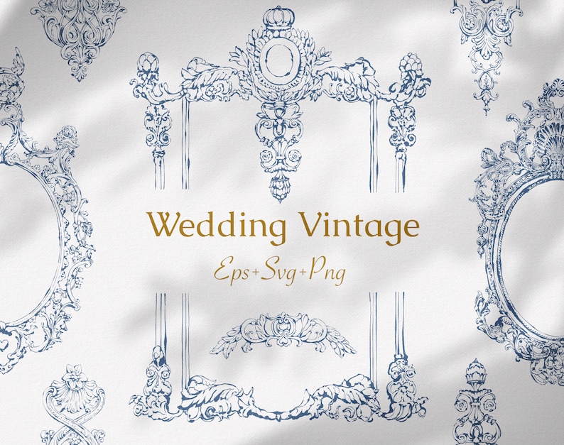 Wedding Vintage Fine Line Frames Png + Eps+ Svg Clip Art Watercolor ...