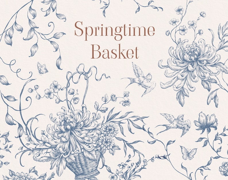 Springtime Basket Png Eps Svg Floral Frames, Handmade Clipart, Line Art Flowers, Botanical ...