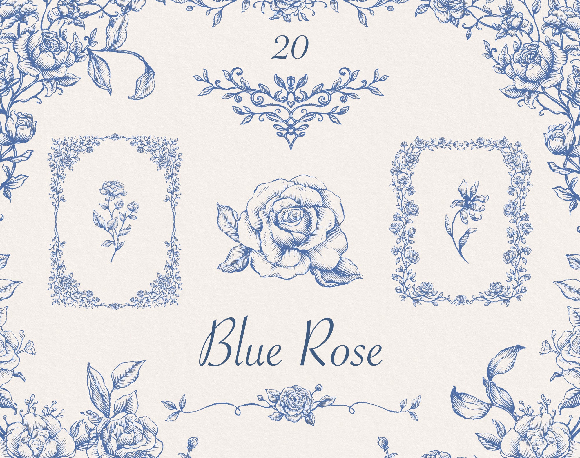 Blue Rose Floral Clipart PNG Digital Roses Frames Borders - Etsy