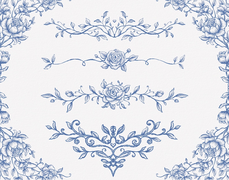 Blue Rose Floral Clipart PNG Digital Roses Frames Borders - Etsy