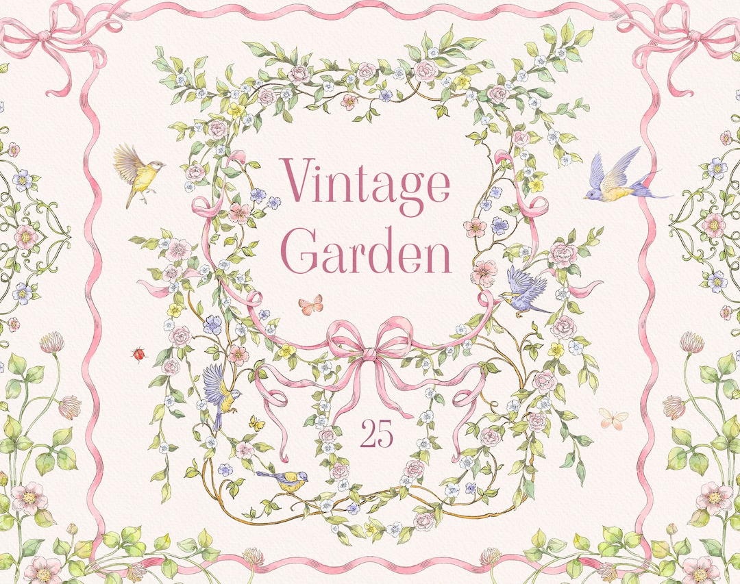 Vintage Garden, Watercolor Png Frames With Pink Bows, Wreath, Birds ...