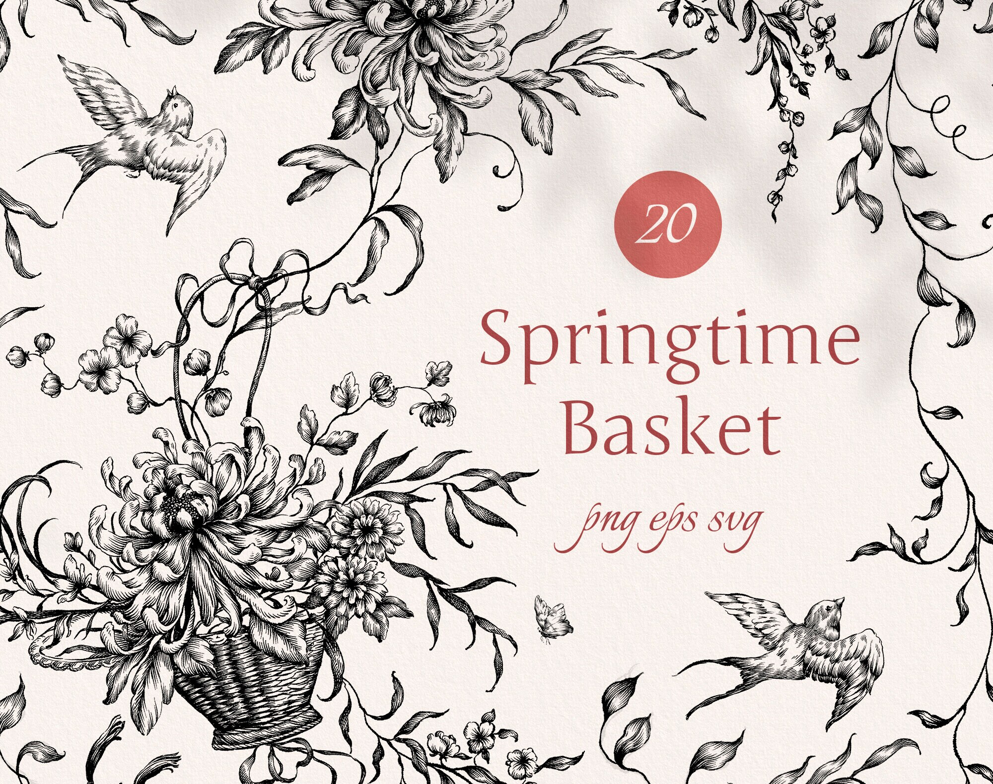 Springtime Basket Black Png Eps Svg Floral Frames Handmade - Etsy
