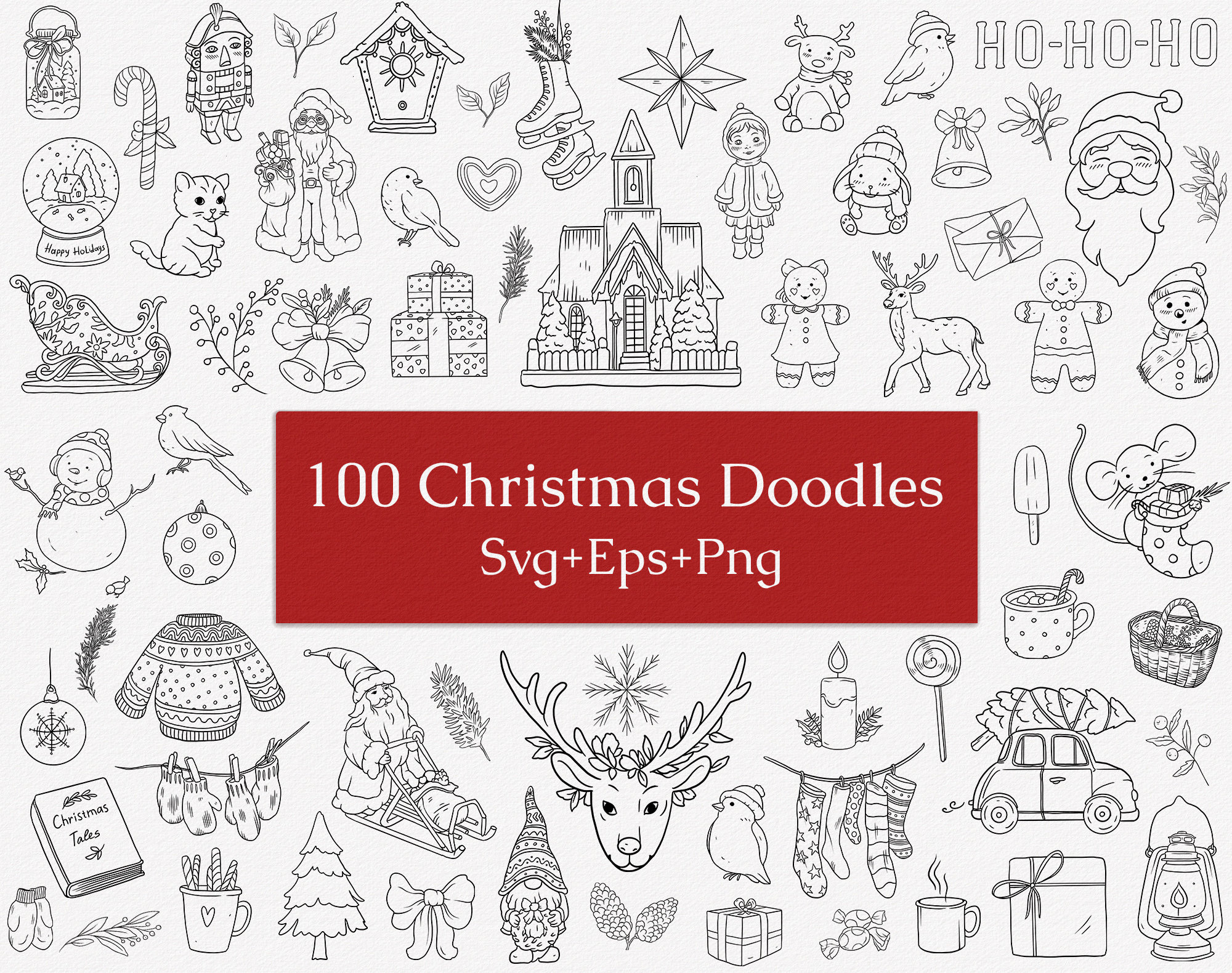 100 Christmas Doodles SVG+PNG+EPS, Clip Art Bundle, Santa Vector ...