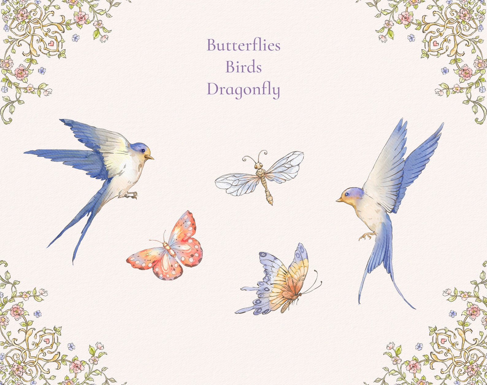 Floral Grace Png Frames, Borders, Heart, Butterflies, Birds, Botanical ...