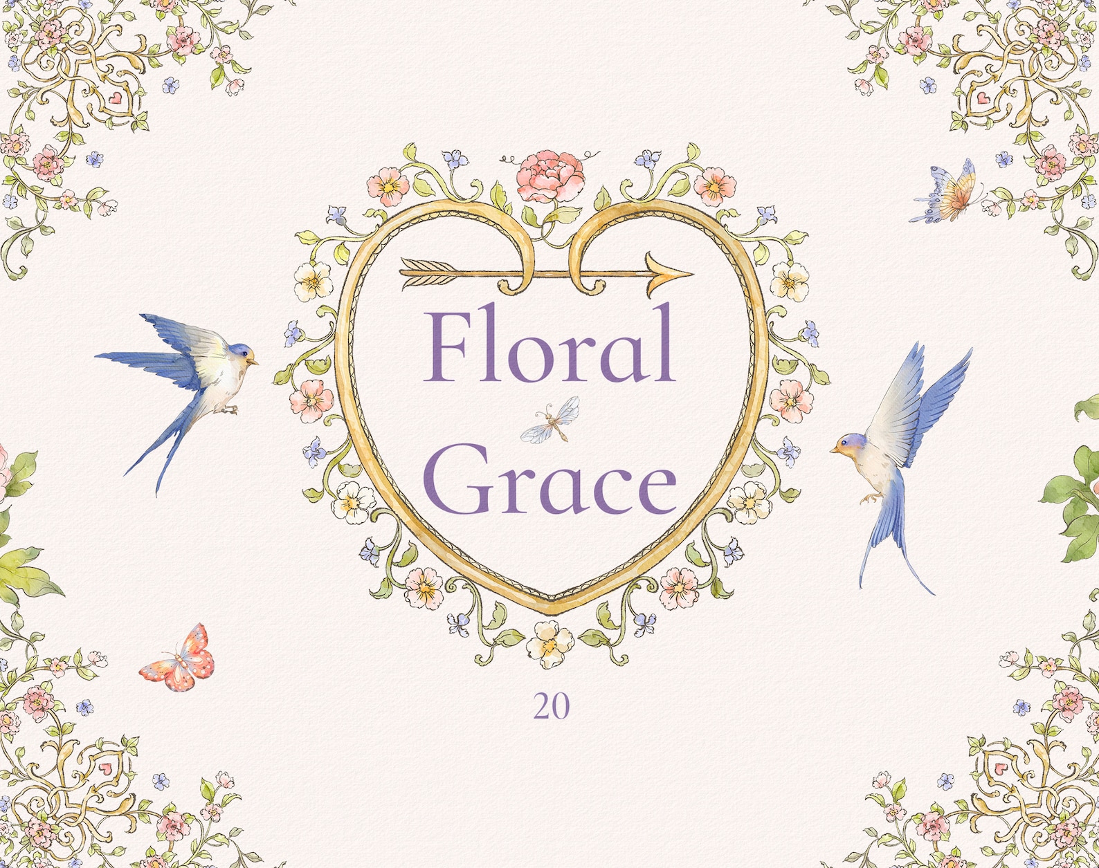 Floral Grace Png Frames, Borders, Heart, Butterflies, Birds, Botanical ...