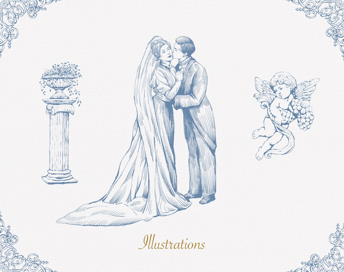 Wedding Motives Fine Line Frames PNG Clip Art Vintage, Illustrations ...