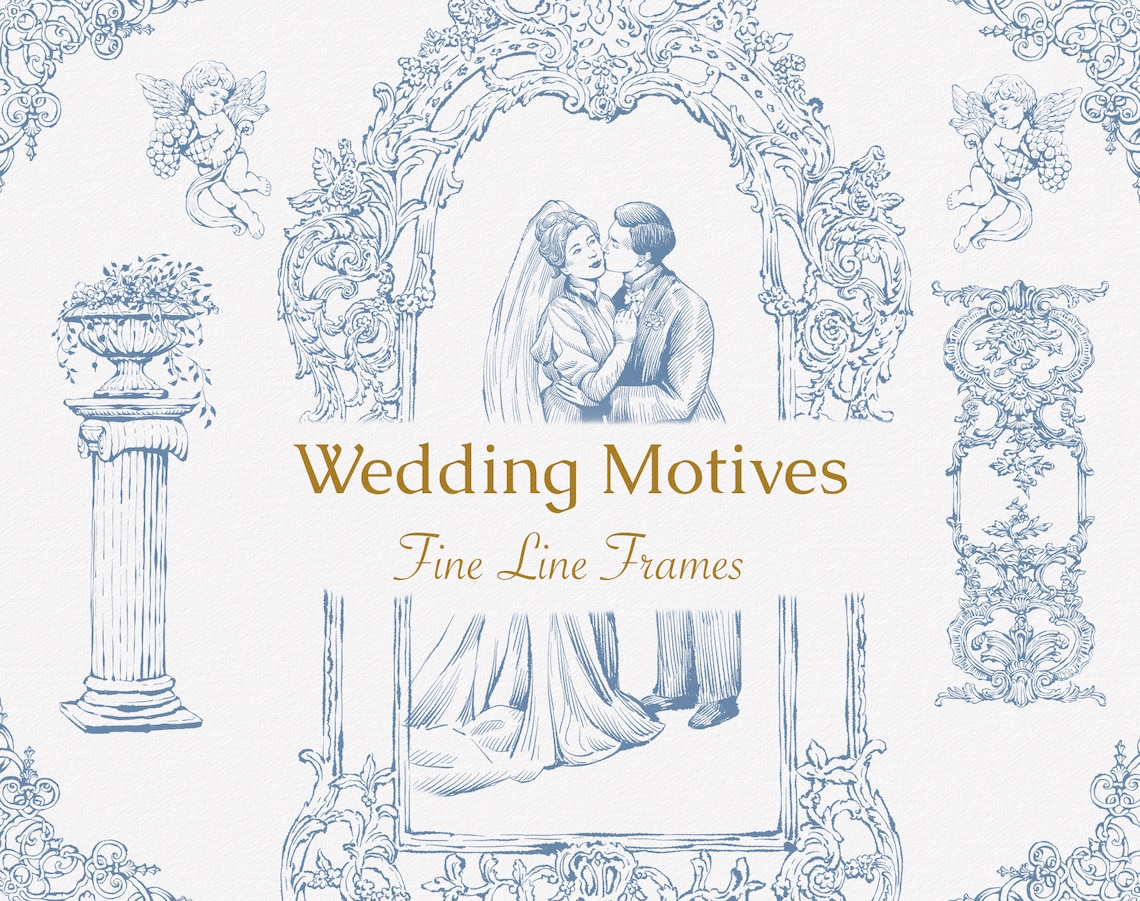 Wedding Motives Fine Line Frames PNG Clip Art Vintage, Illustrations ...