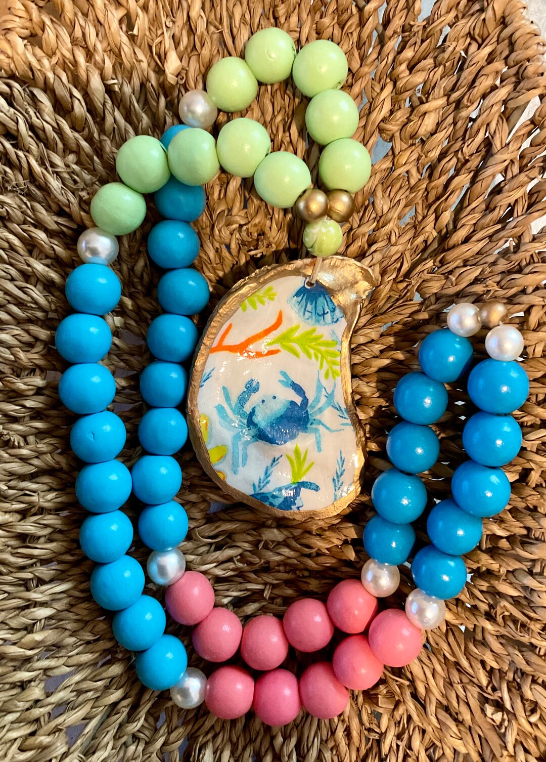 Blue Crab Oyster Shell Necklace Decoupaged With Wood and Acrylic Beads ...