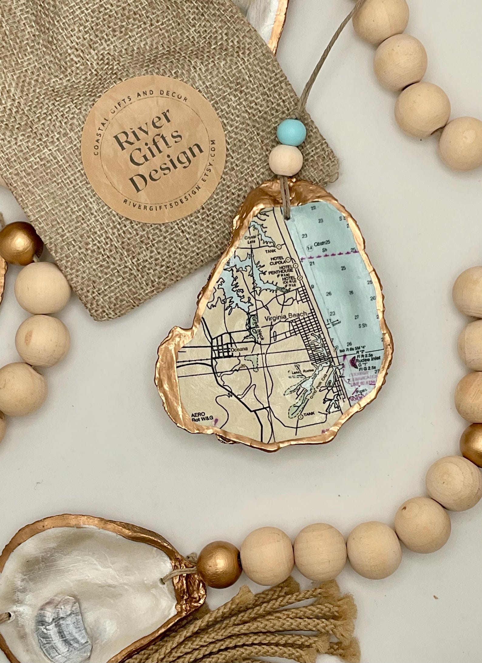 Virginia Beach Nautical Map Oyster Shell Ornament: Gold Leaf Trim - Etsy