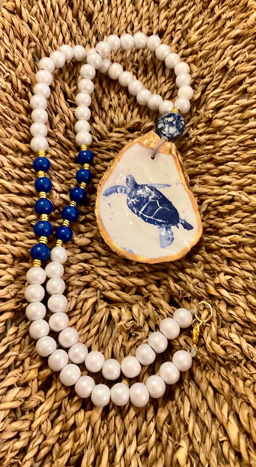 Turtle Oyster Shell Necklace Decoupaged With Wood and Acrylic Beads - Etsy