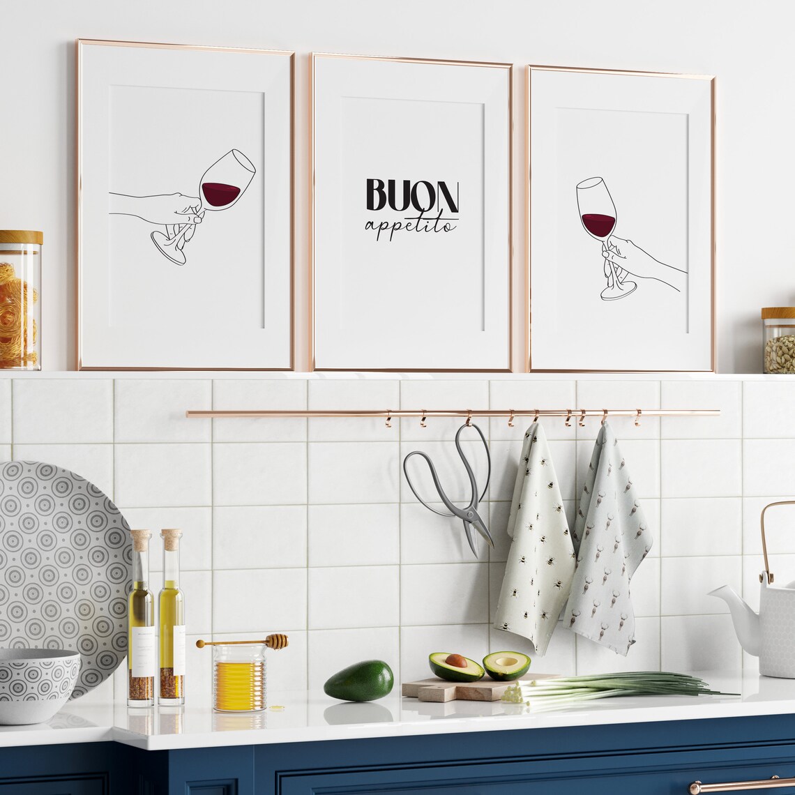 Buon Appetito Printable Poster Set of 3, Line Art Wine Glass Print ...