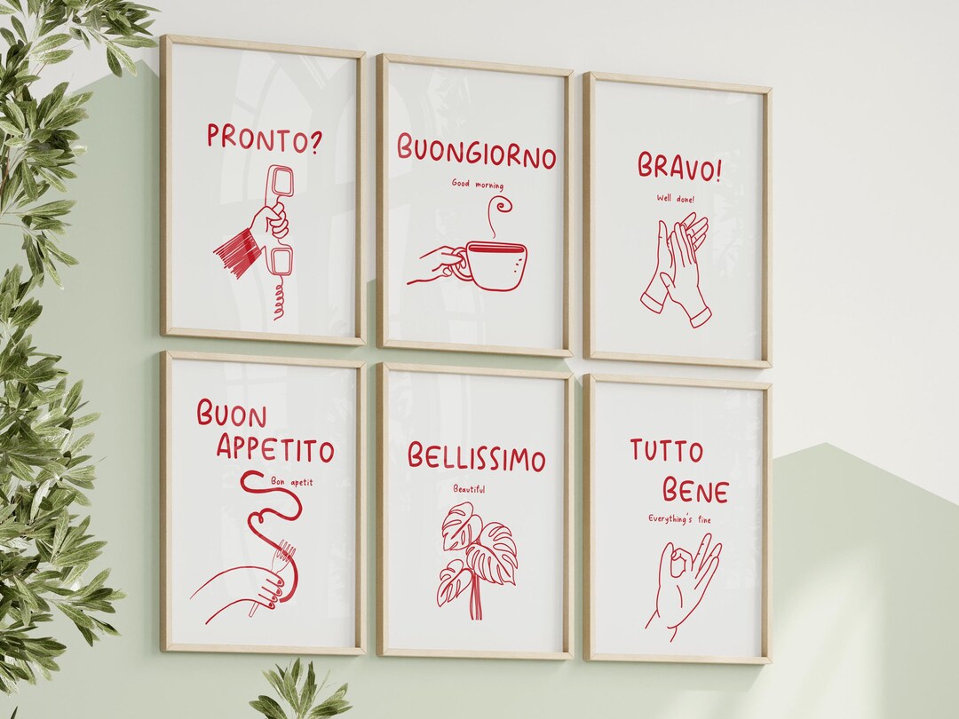 Bundle Italian Words Wall Art Set of 6 Posters Printable, Gallery Red ...