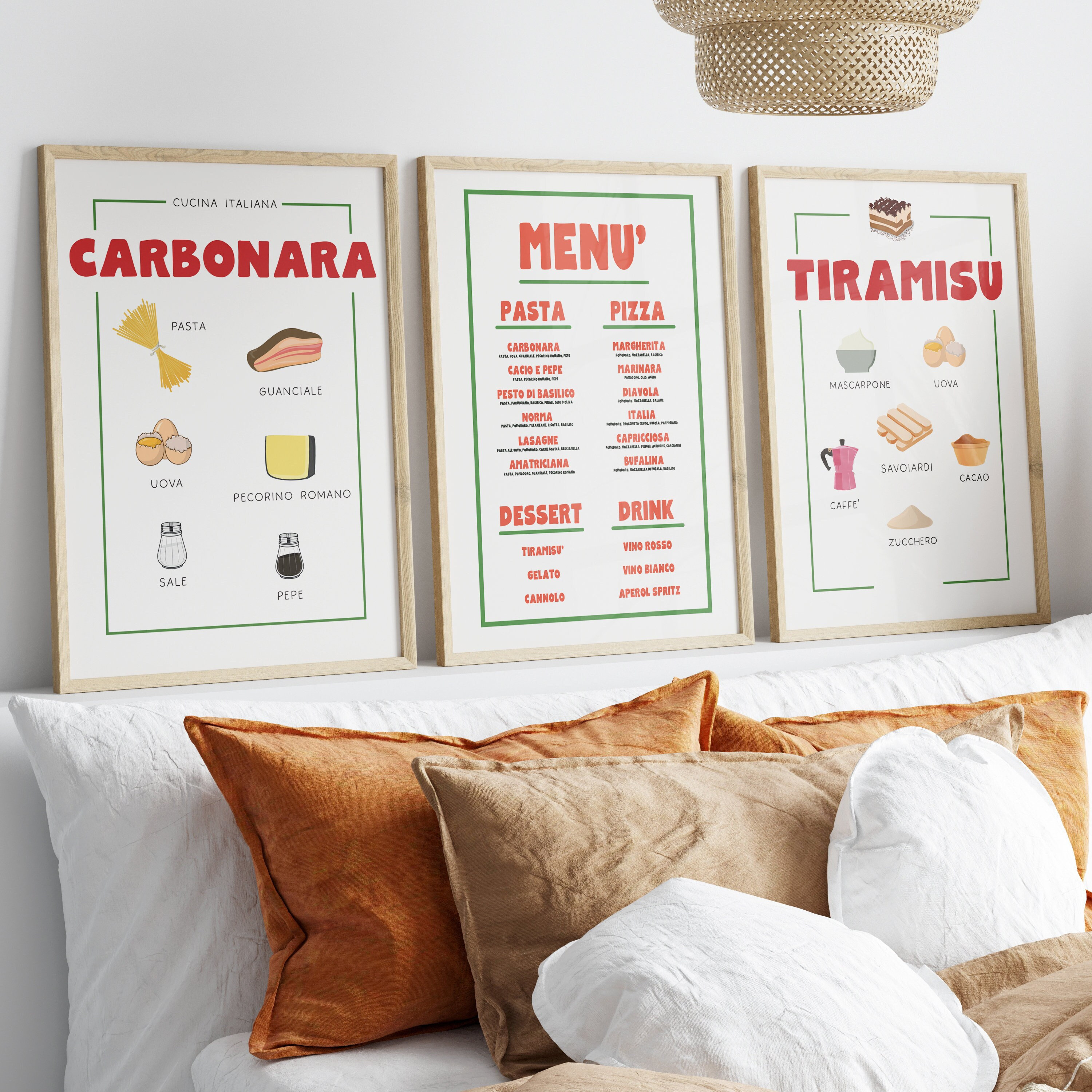 Carbonara Tiramisù Menù Printable Poster Set of 3, Italian Kitchen Wall ...