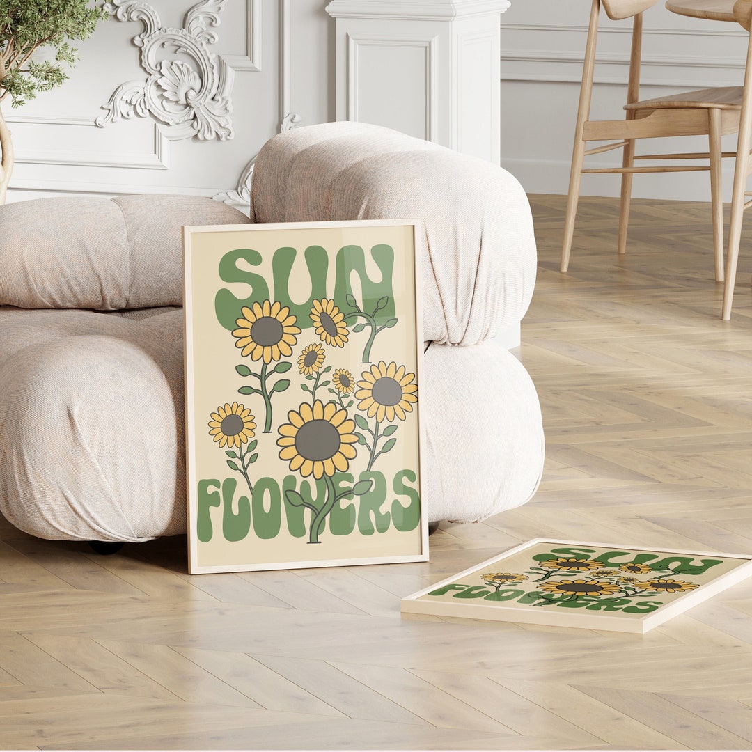 Retro Sunflower Poster Printable, Flower Minimal Poster Design Yellow ...
