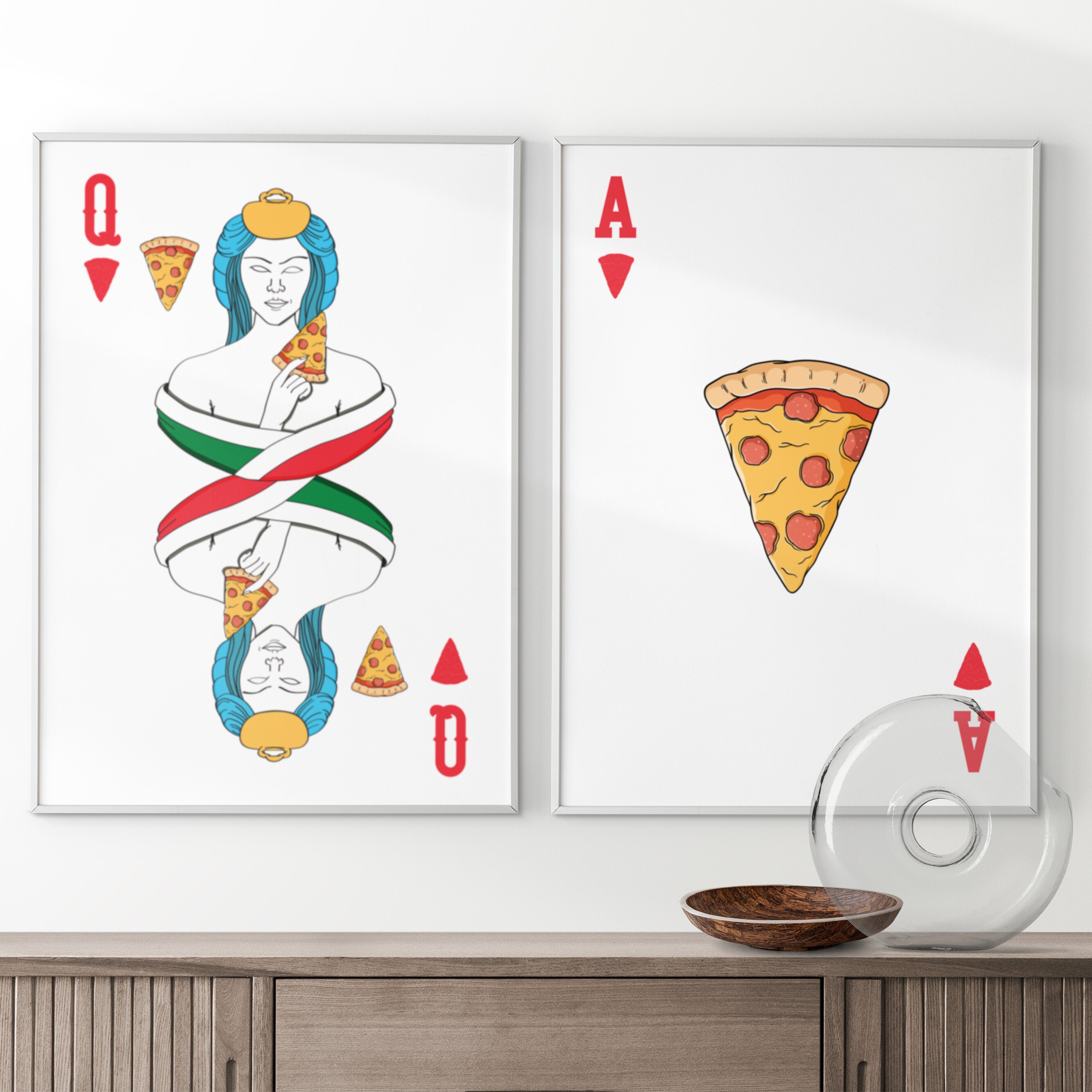 Set of 2 Playing Cards Ace and Queen of Pizza Print, Food Poster Unique ...