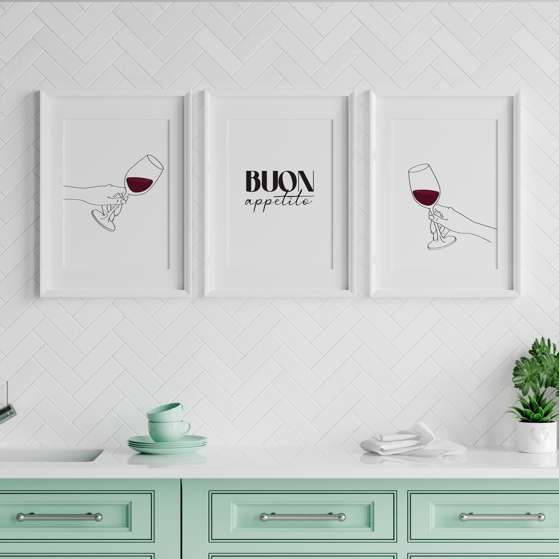 Buon Appetito Printable Poster Set of 3, Line Art Wine Glass Print ...