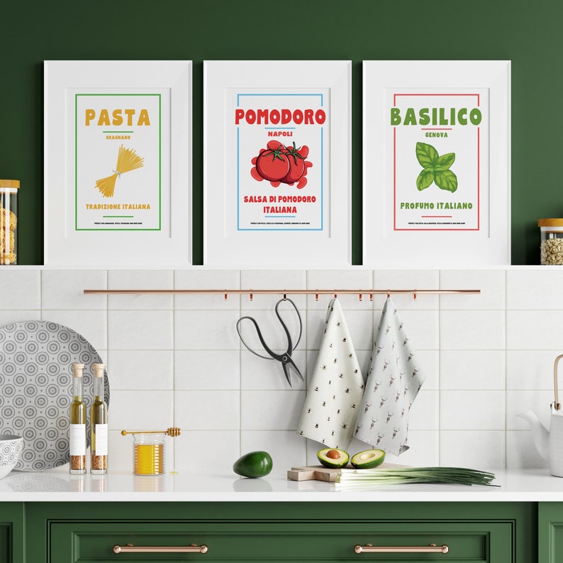 Pasta Pomodoro Basilico Printable Poster Set of 3, Kitchen Wall Art ...