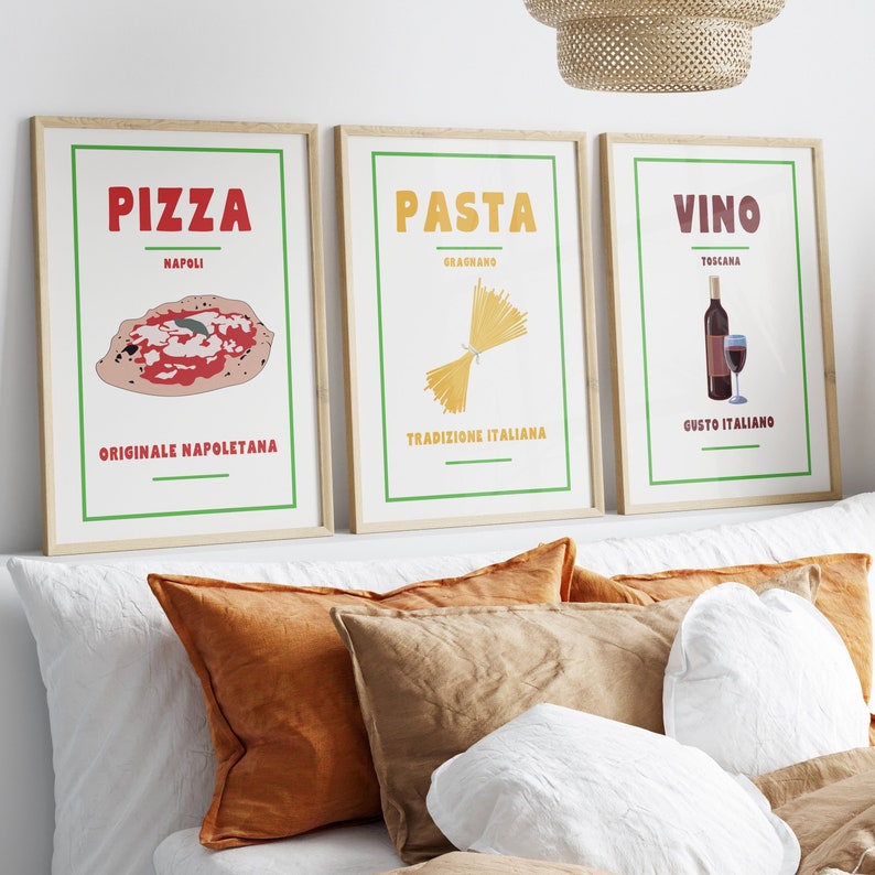 Pizza Pasta Vino Printable Poster Set of 3, Italian Wall Art, Retro ...