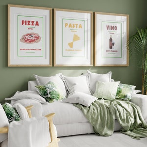 Pizza Pasta Vino Printable Poster Set of 3, Italian Wall Art, Retro ...
