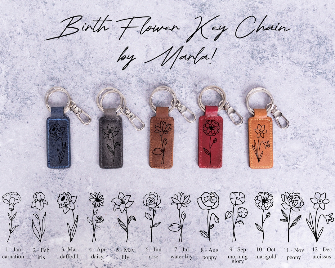 Birth Flower Leather Key Chain, Personalized Leather Keychain, Custom ...