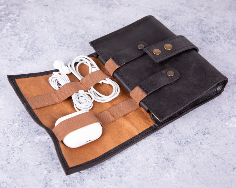 Personalized Leather Cable Organizer Bag, Traveller Gift for Men ...