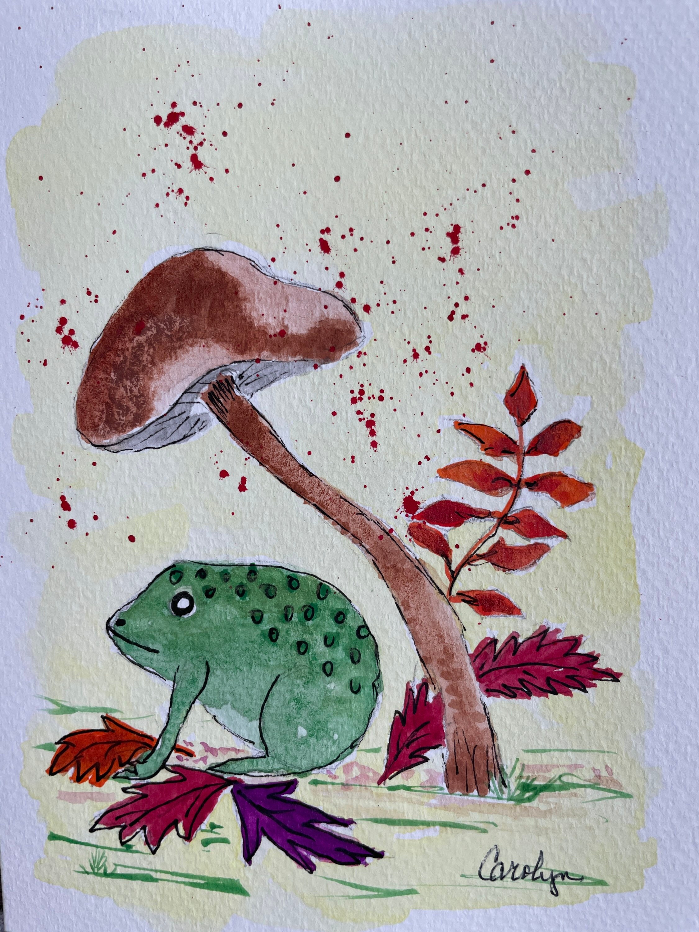 Two 5x7 Frisky Frogs and Toadstools Hand Painted Watercolor Greeting ...