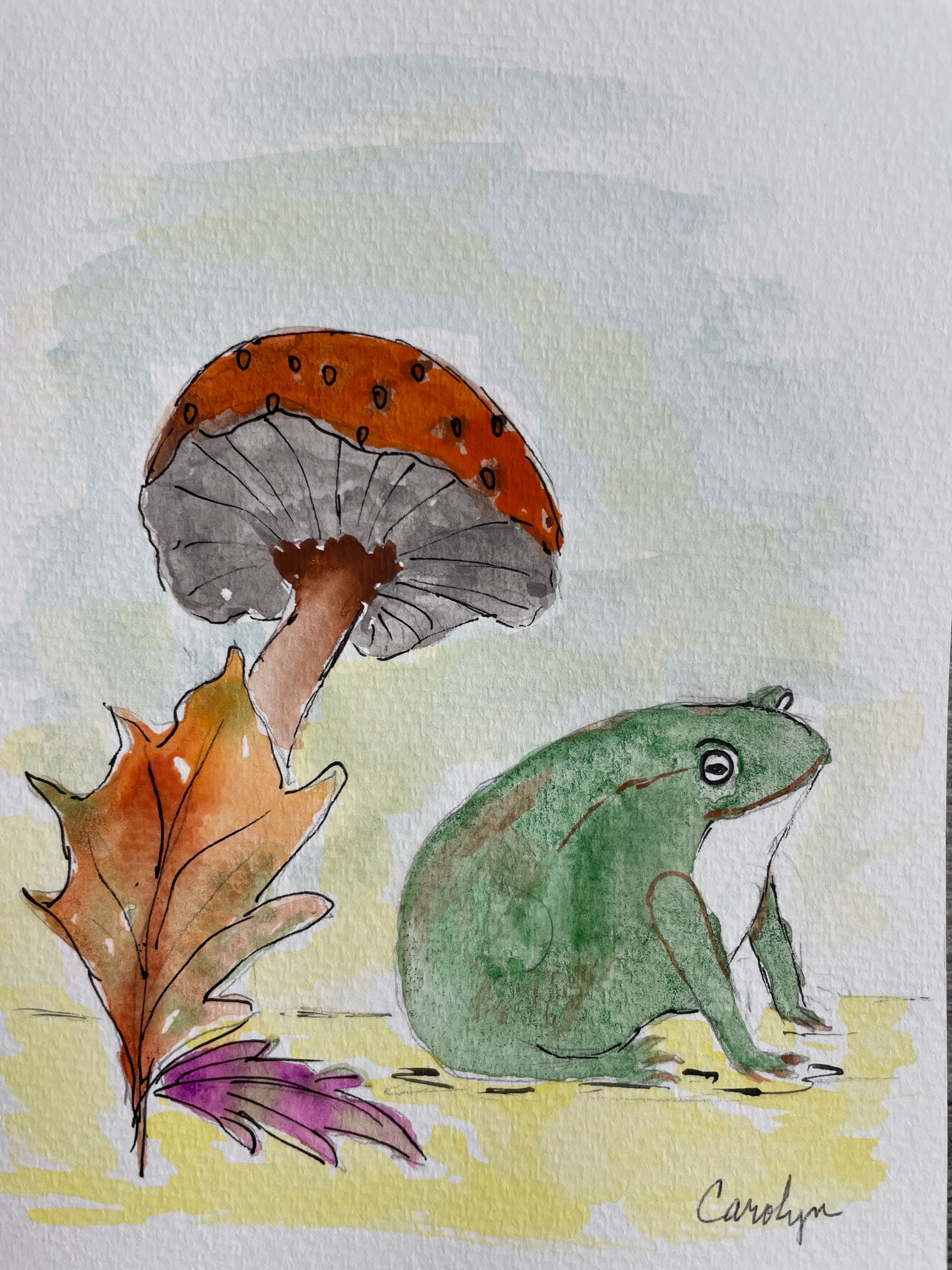 Two 5x7 Frisky Frogs and Toadstools Hand Painted Watercolor Greeting ...