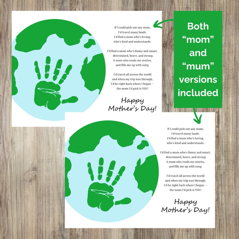 Mother's Day Poem With World Handprint Craft, Mother's Day Keepsake ...
