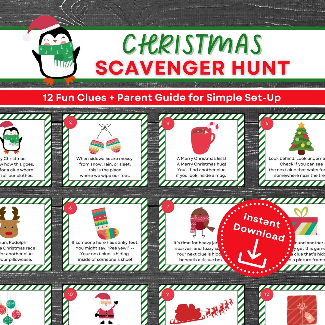 Christmas Scavenger Hunt for Kids, Christmas Treasure Hunt Clues ...