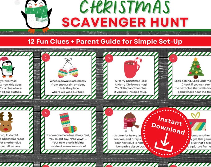 Christmas Scavenger Hunt for Kids, Indoor Holiday Treasure Hunt Clues ...