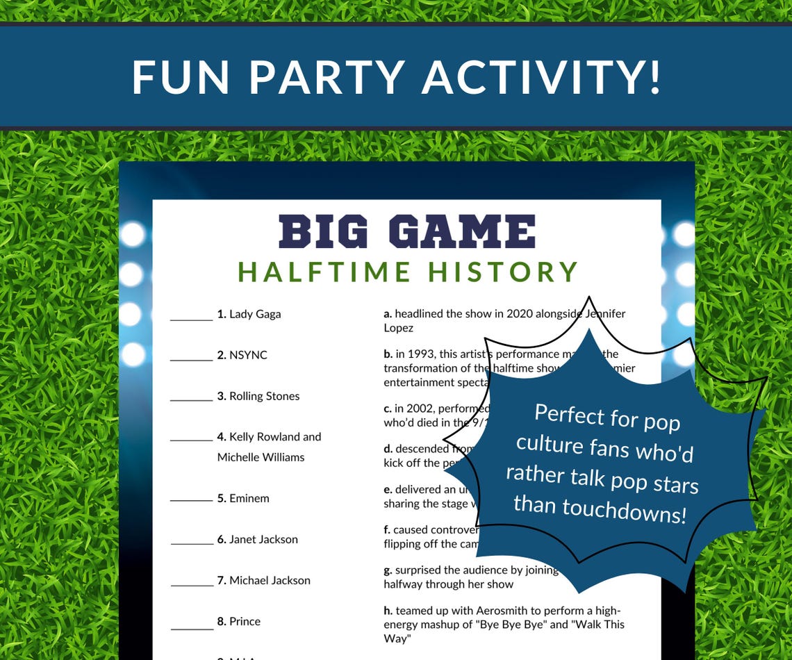 Big Game Trivia - Halftime Show, Big Game LIX Party Game, Game Day ...