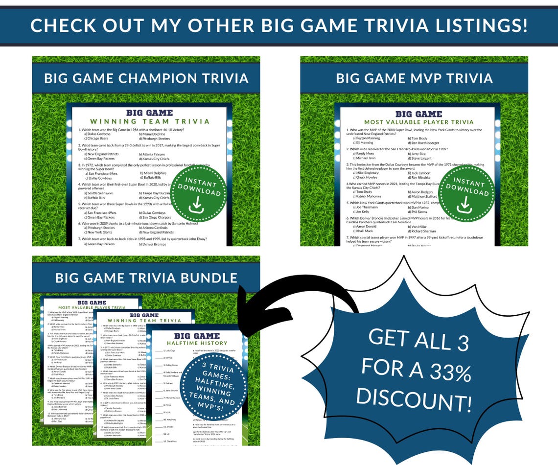 Big Game Trivia - Halftime Show, Big Game LIX Party Game, Game Day ...