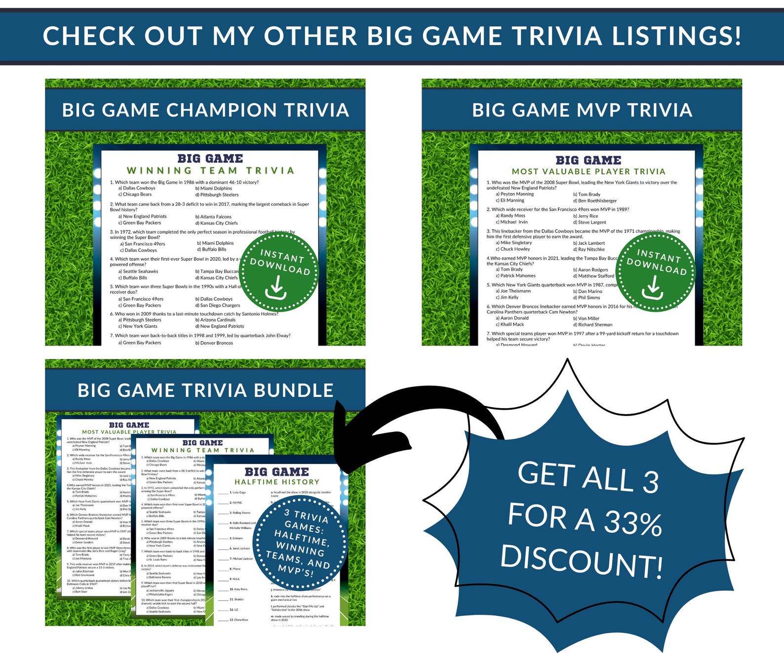 Big Game Trivia - Halftime Show, Big Game LIX Party Game, Game Day ...