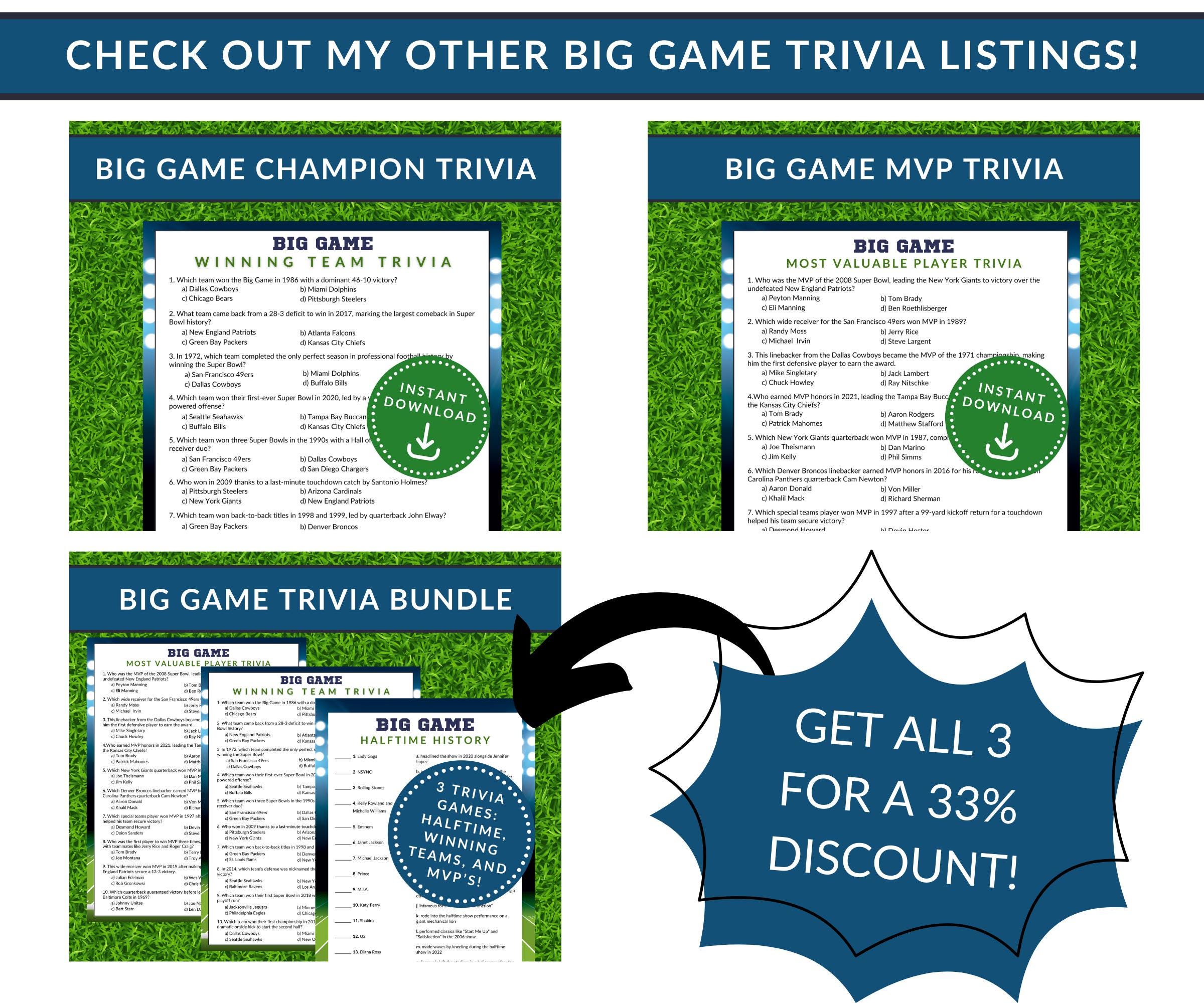 Big Game Trivia - Halftime Show, Big Game LIX Party Game, Game Day ...