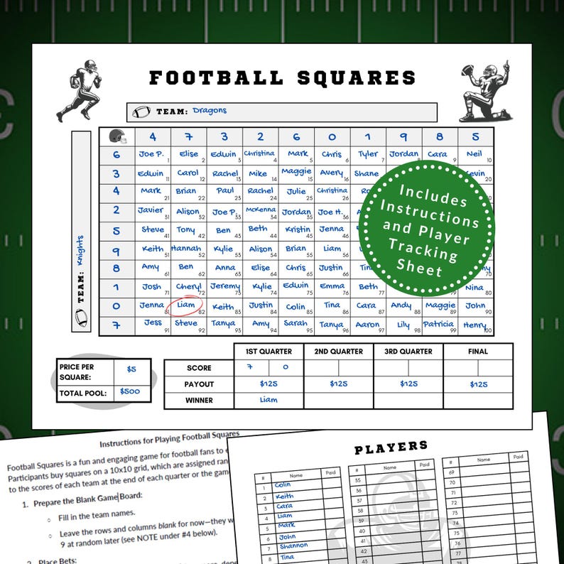 Football Squares Printable, Football Betting Game, 100 Square Football ...