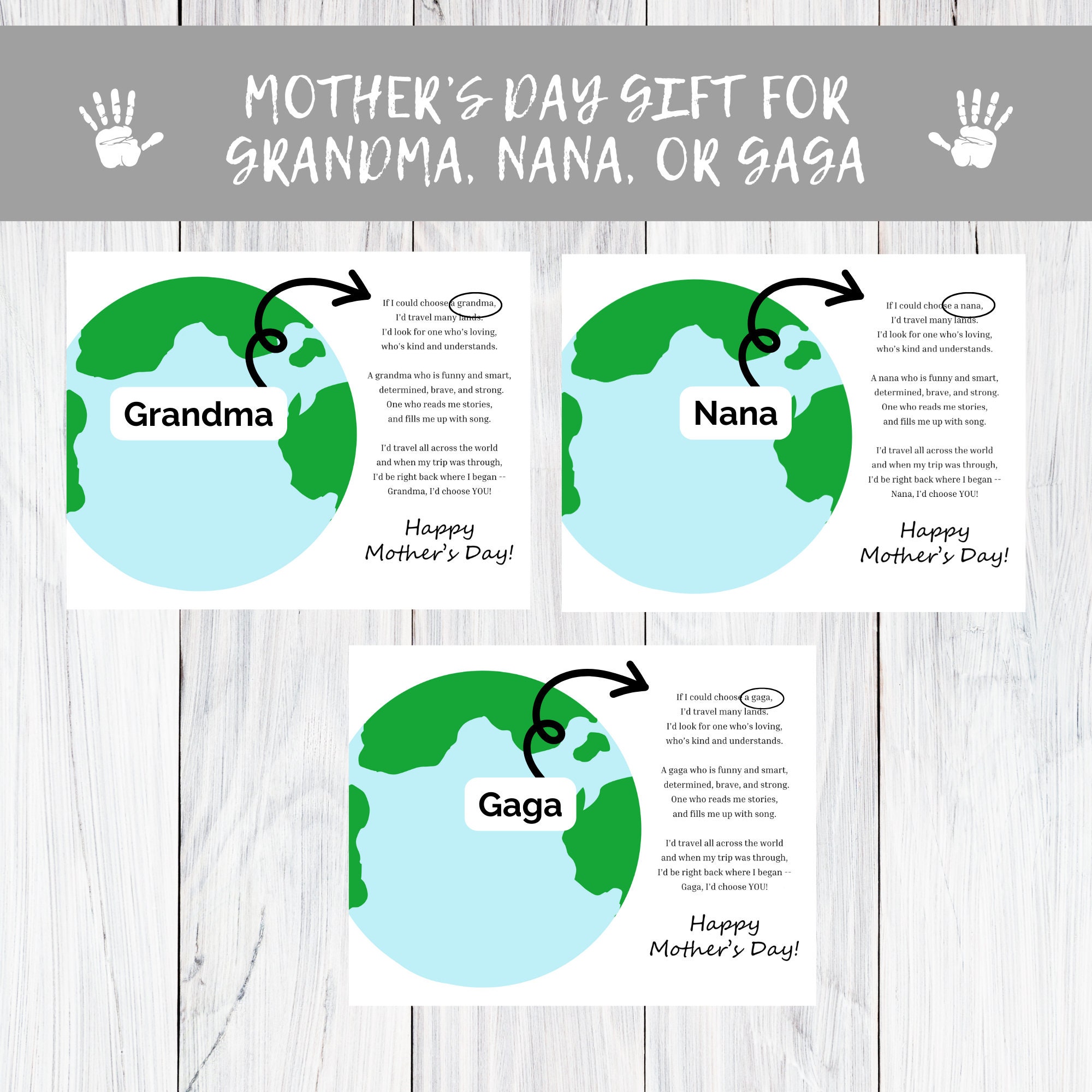 Grandma Mothers Day Poem With World Handprint Craft, Grandma Gift for ...
