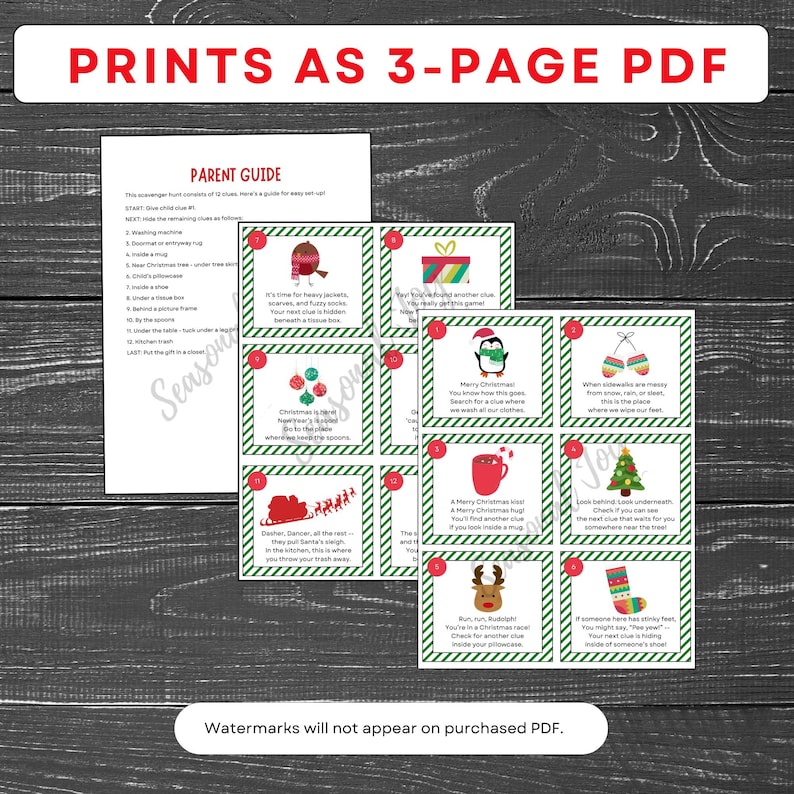 Christmas Scavenger Hunt for Kids, Christmas Treasure Hunt Clues ...