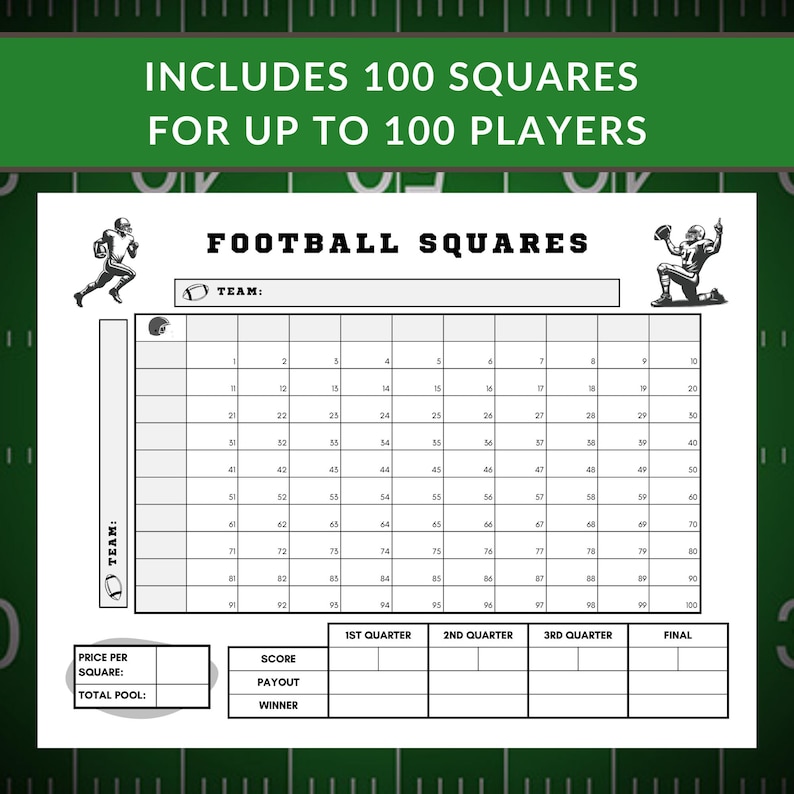 Football Squares Printable, Football Betting Game, 100 Square Football ...