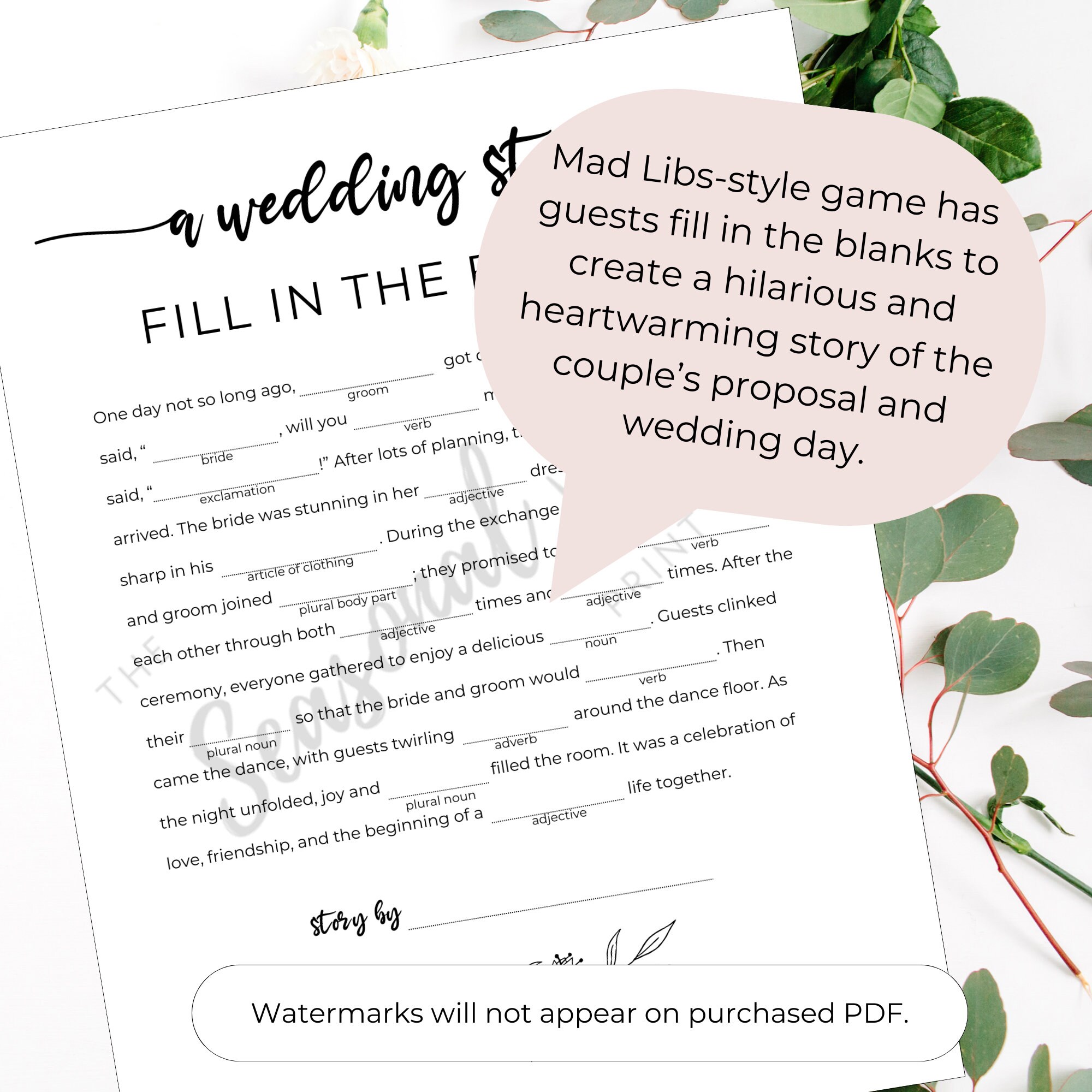 Wedding Fill in the Blanks, Wedding Table Game, Wedding Reception Games ...
