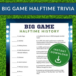 Big Game Trivia - Halftime Show, Big Game LIX Party Game, Game Day ...