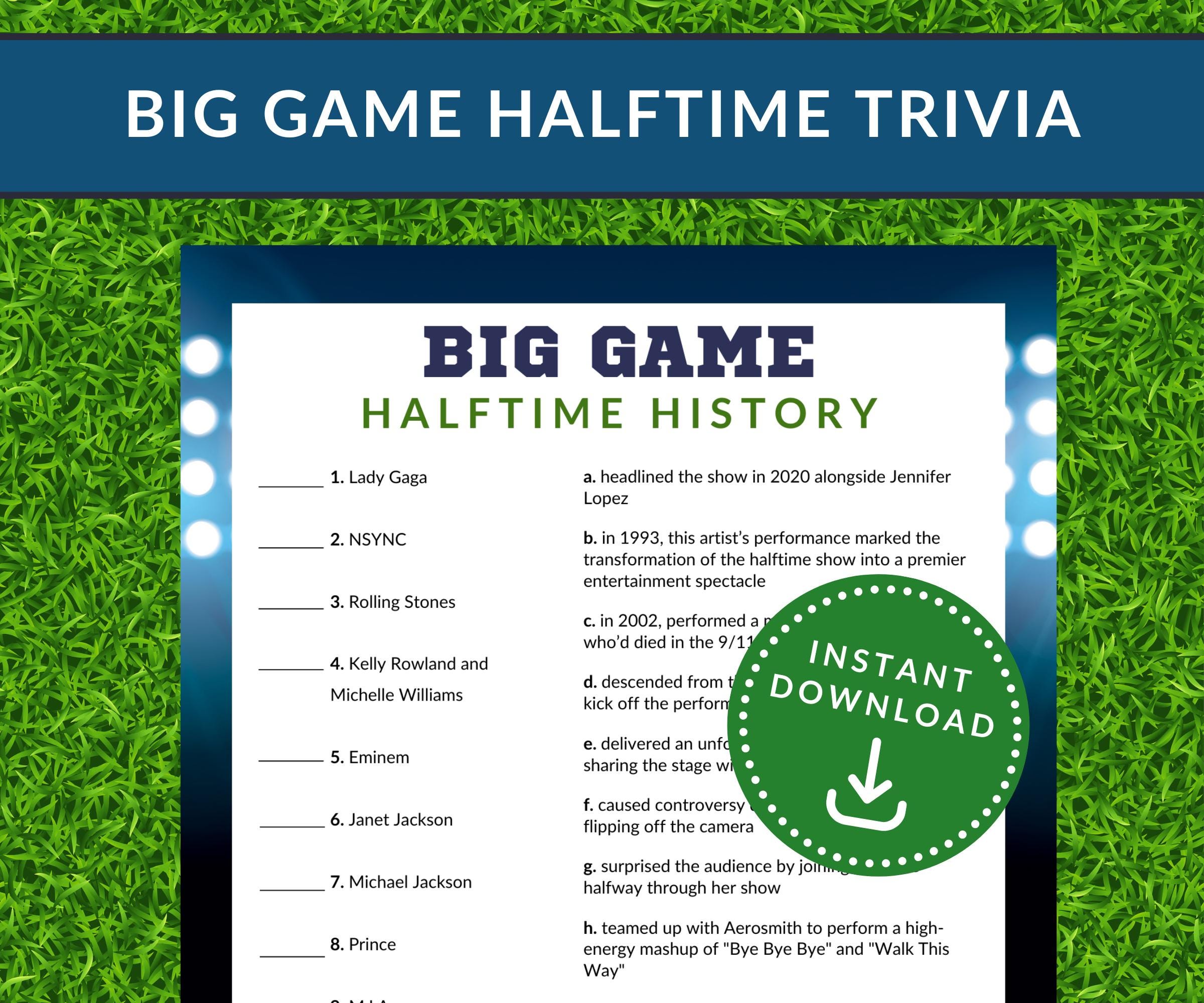 Big Game Trivia - Halftime Show, Big Game LIX Party Game, Game Day ...