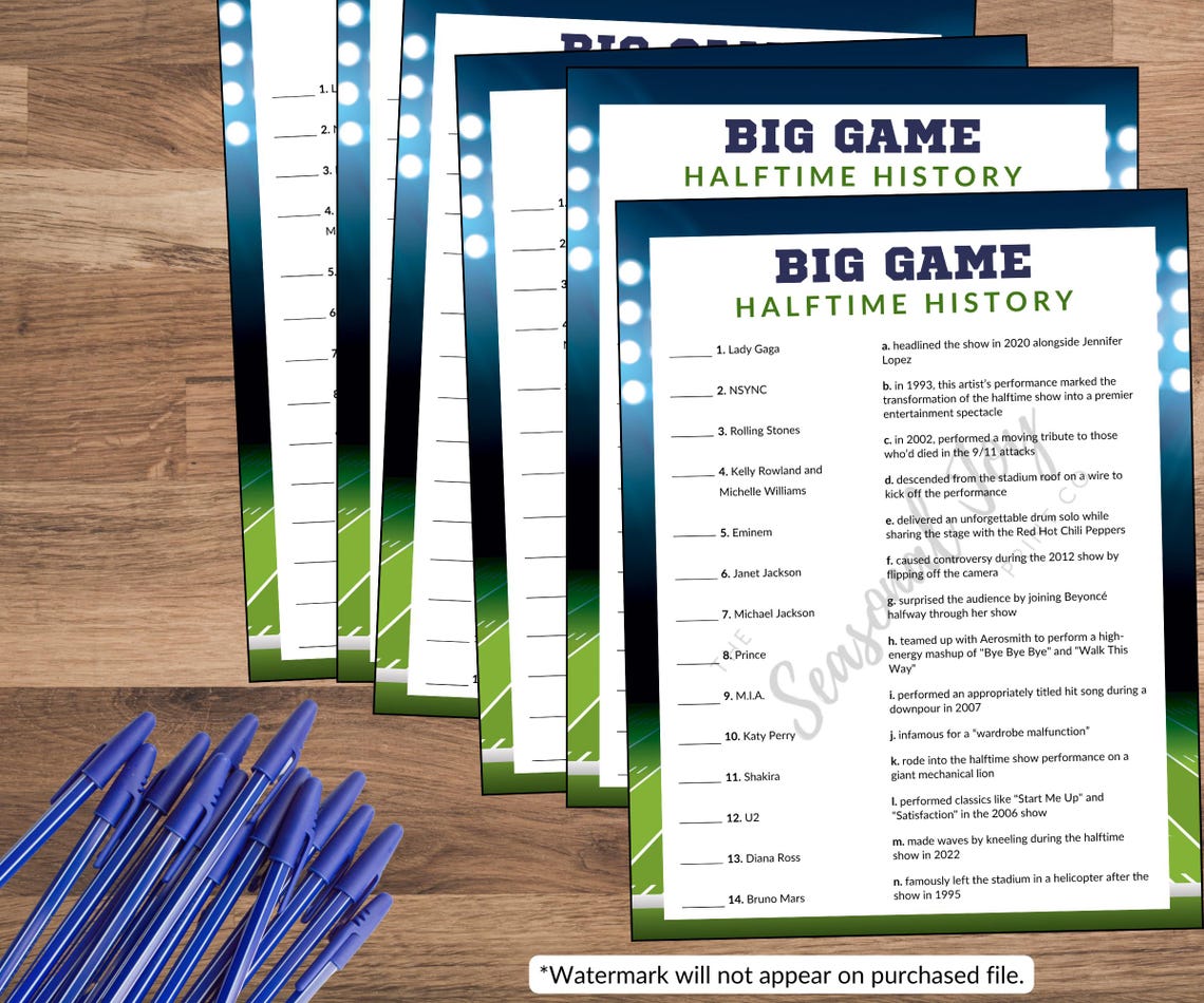Big Game Trivia - Halftime Show, Big Game LIX Party Game, Game Day ...