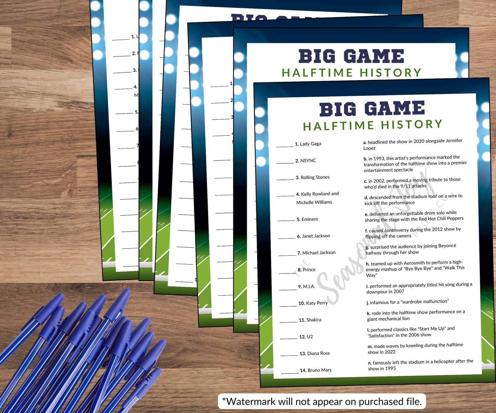 Big Game Trivia - Halftime Show, Big Game LIX Party Game, Game Day ...