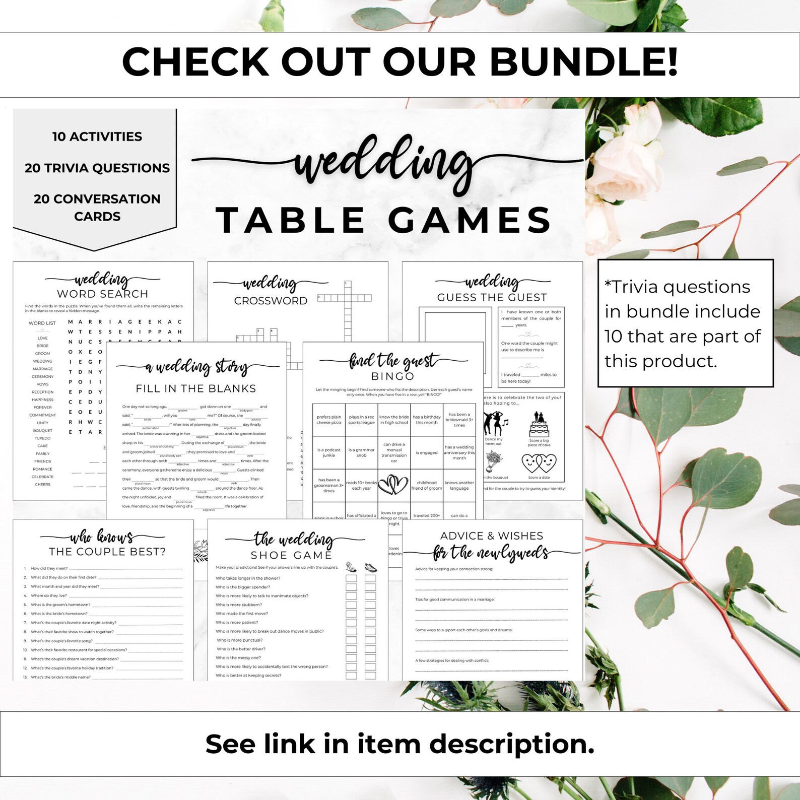 20 American Wedding Trivia Cards - Wedding Table Game, Wedding Ice ...