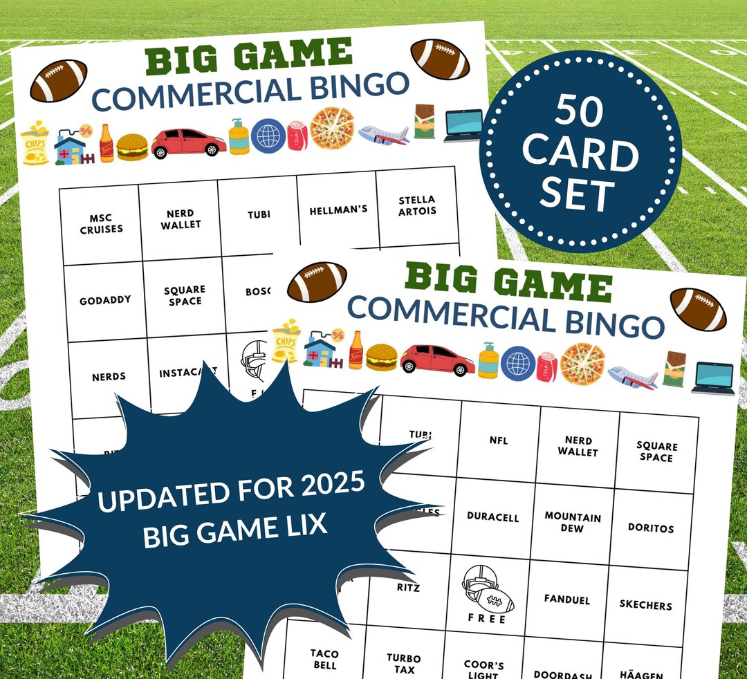 Big Game Commercial Bingo Cards, 2025 Big Game Printable Commercial ...
