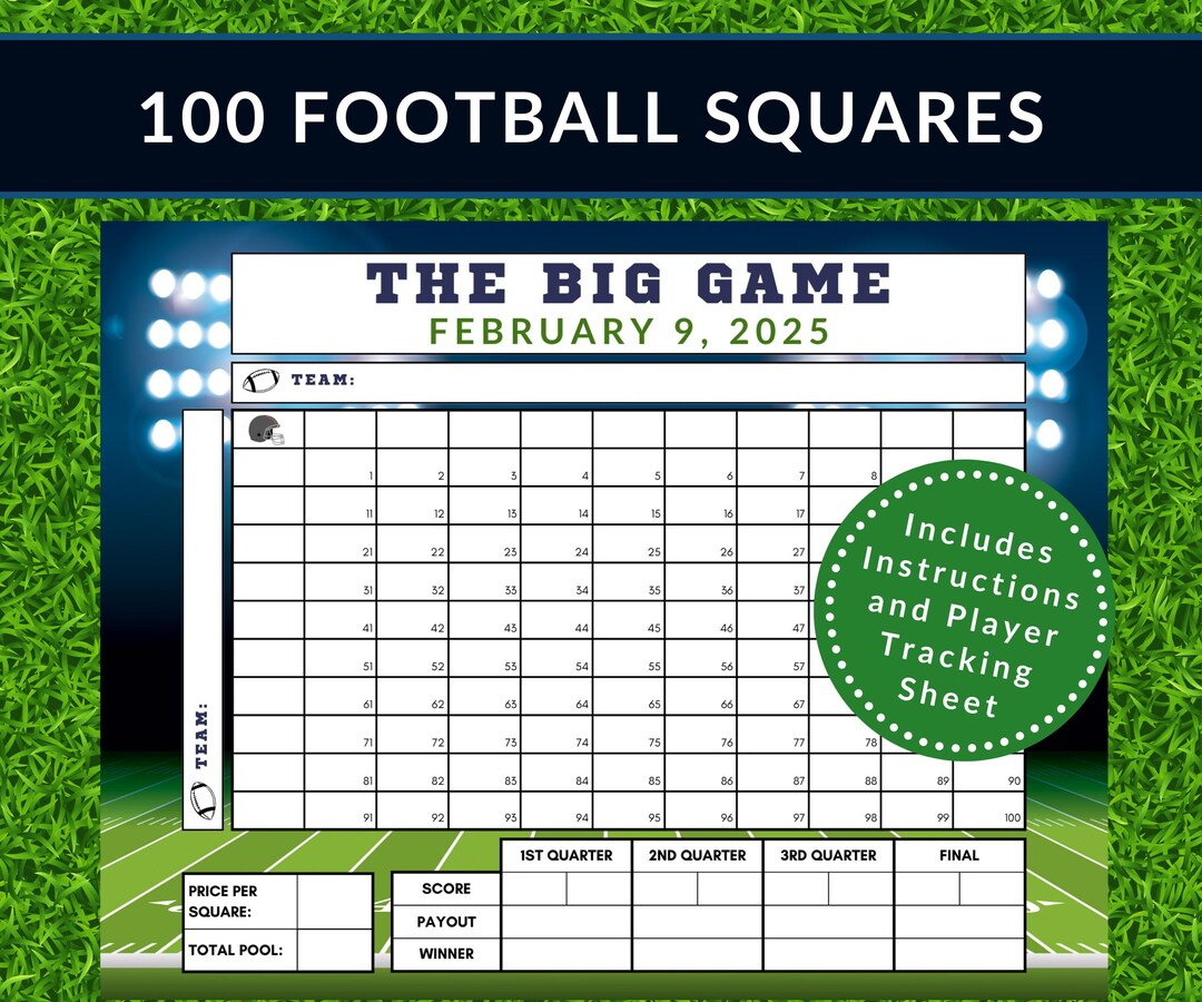 Big Game Football Squares Printable, Big Game LIX Party Game, Game Day ...