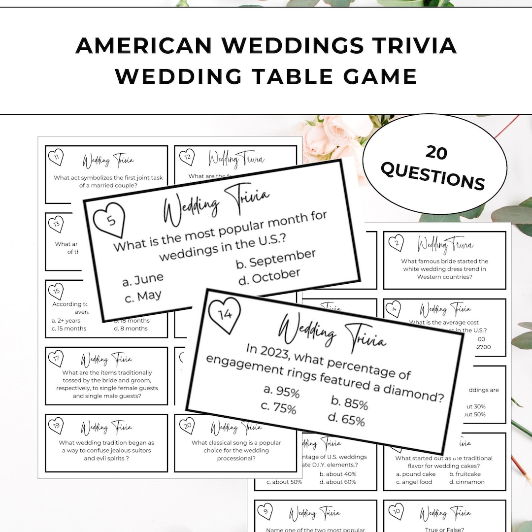 20 American Wedding Trivia Cards - Wedding Table Game, Wedding Ice ...