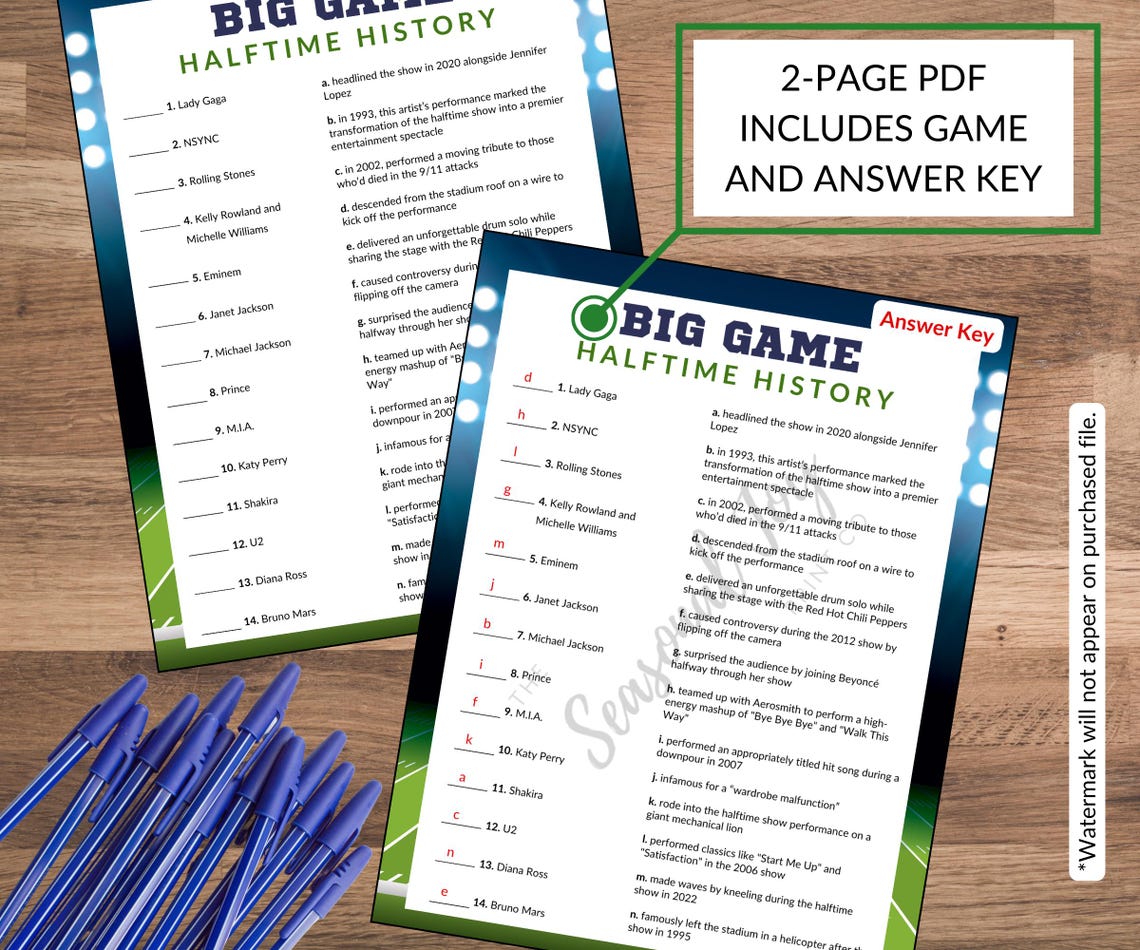 Big Game Trivia - Halftime Show, Big Game LIX Party Game, Game Day ...